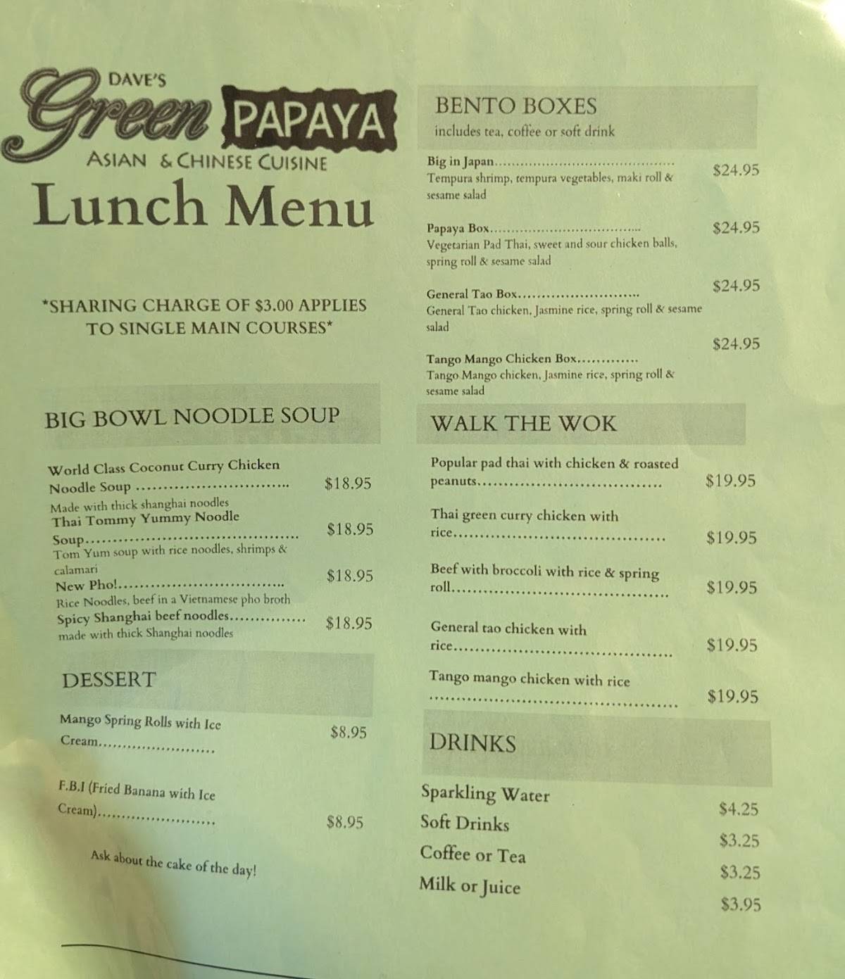 Menu at Dave's Green Papaya restaurant, North Bay, 652 Fraser St