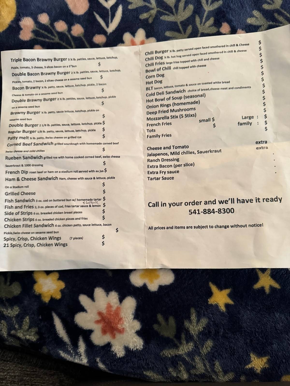 Menu at David's Brawny Burger restaurant, Klamath Falls