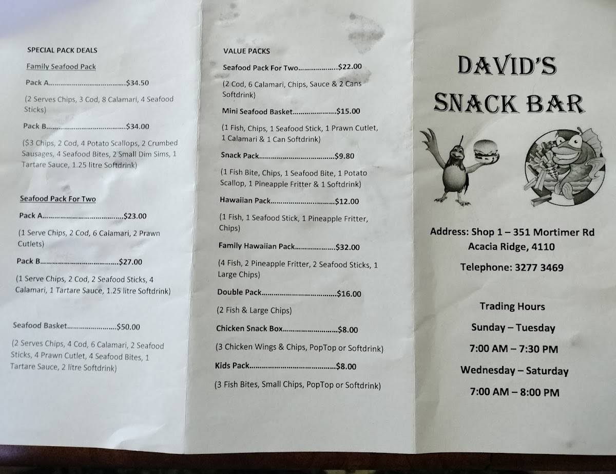 Menu at David's Snack Bar, Acacia Ridge