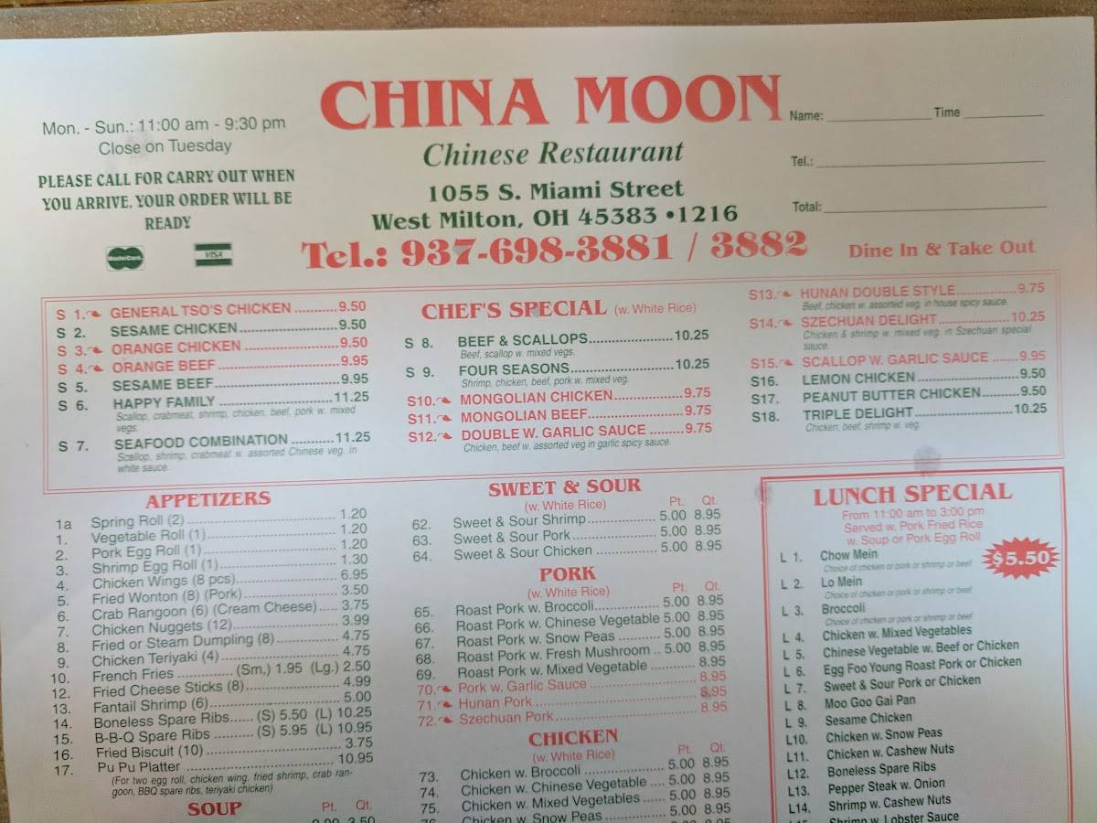 Menu at China Moon restaurant, West Milton, S Miami St