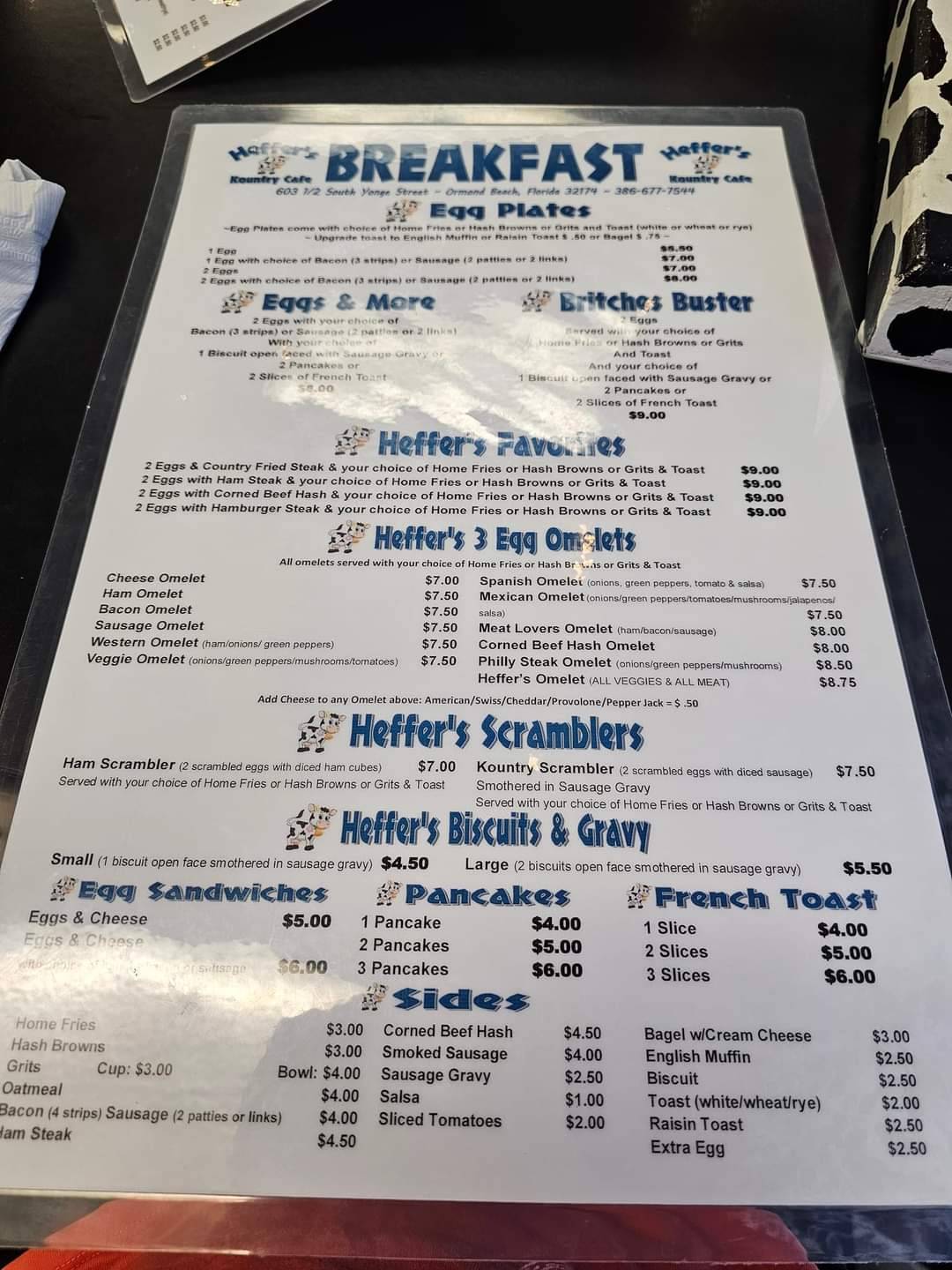 Menu at Heffer's Kountry Cafe, Ormond Beach, 603 S Yonge St