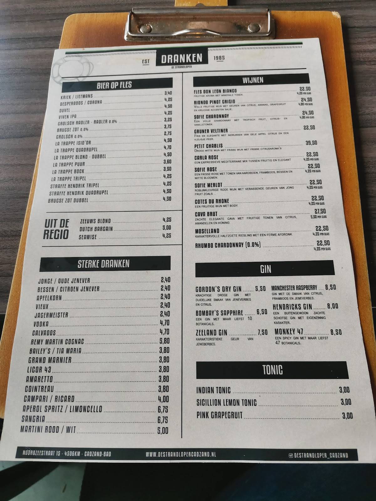 Menu at De Strandloper Cadzand-Bad pub & bar, Cadzand, Noordzeestraat 15