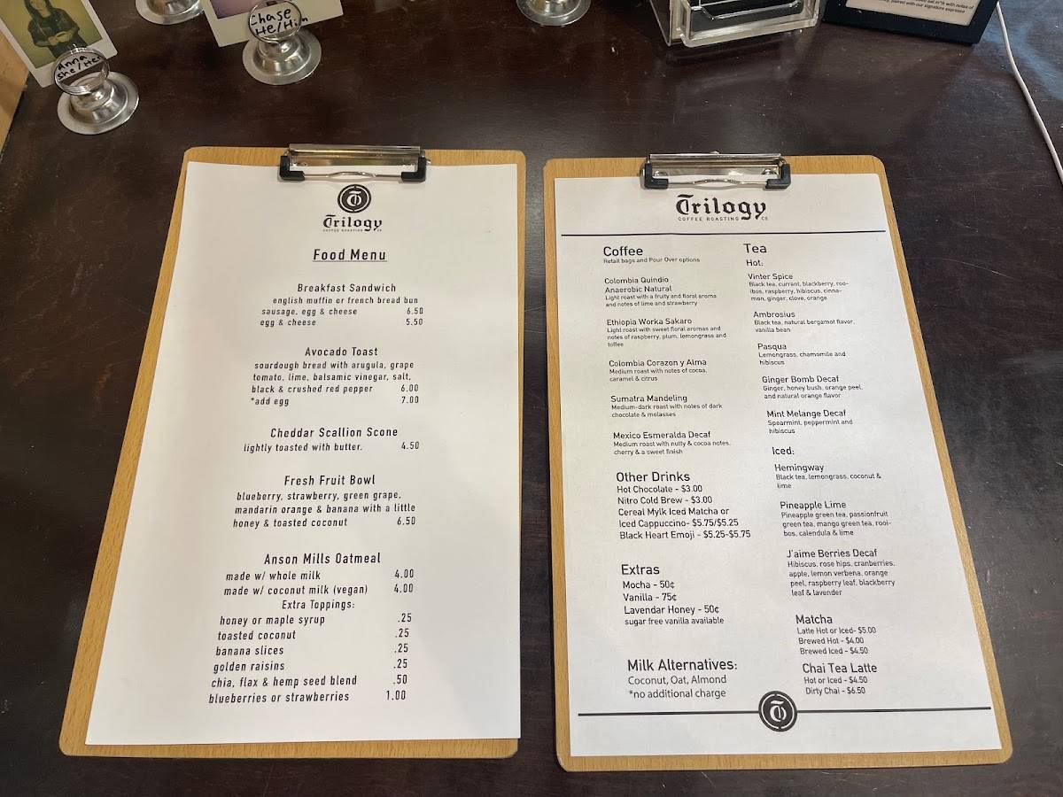 Menu at Trilogy Coffee Roasting Co cafe, DeLand
