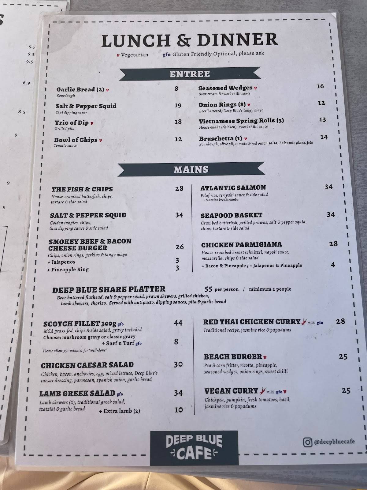 Menu at Deep Blue Cafe, Moana