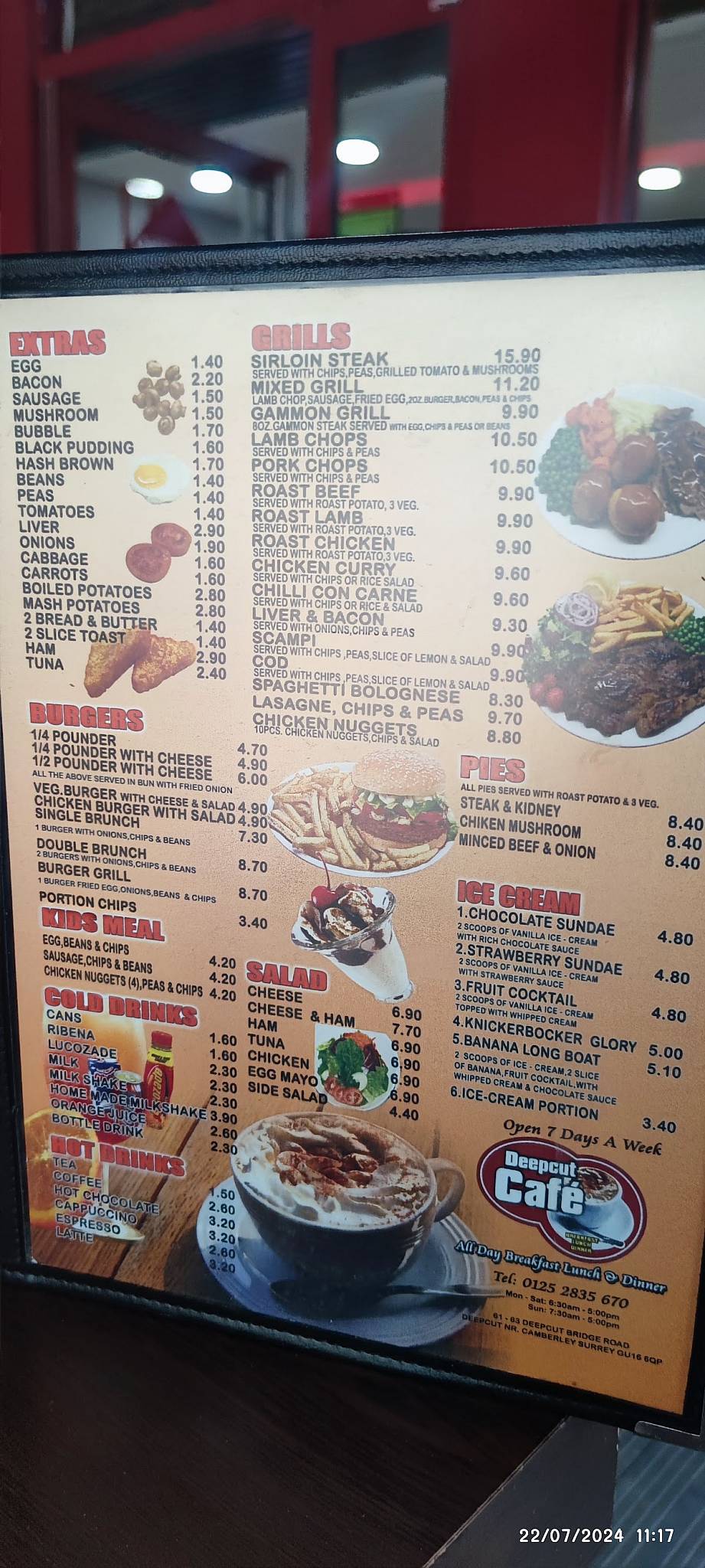 Menu at Deepcut Cafe, Camberley