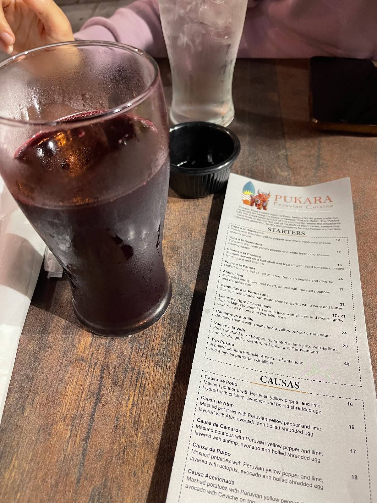 Menu at Pukara Peruvian Cuisine on the beach restaurant, Deerfield Beach
