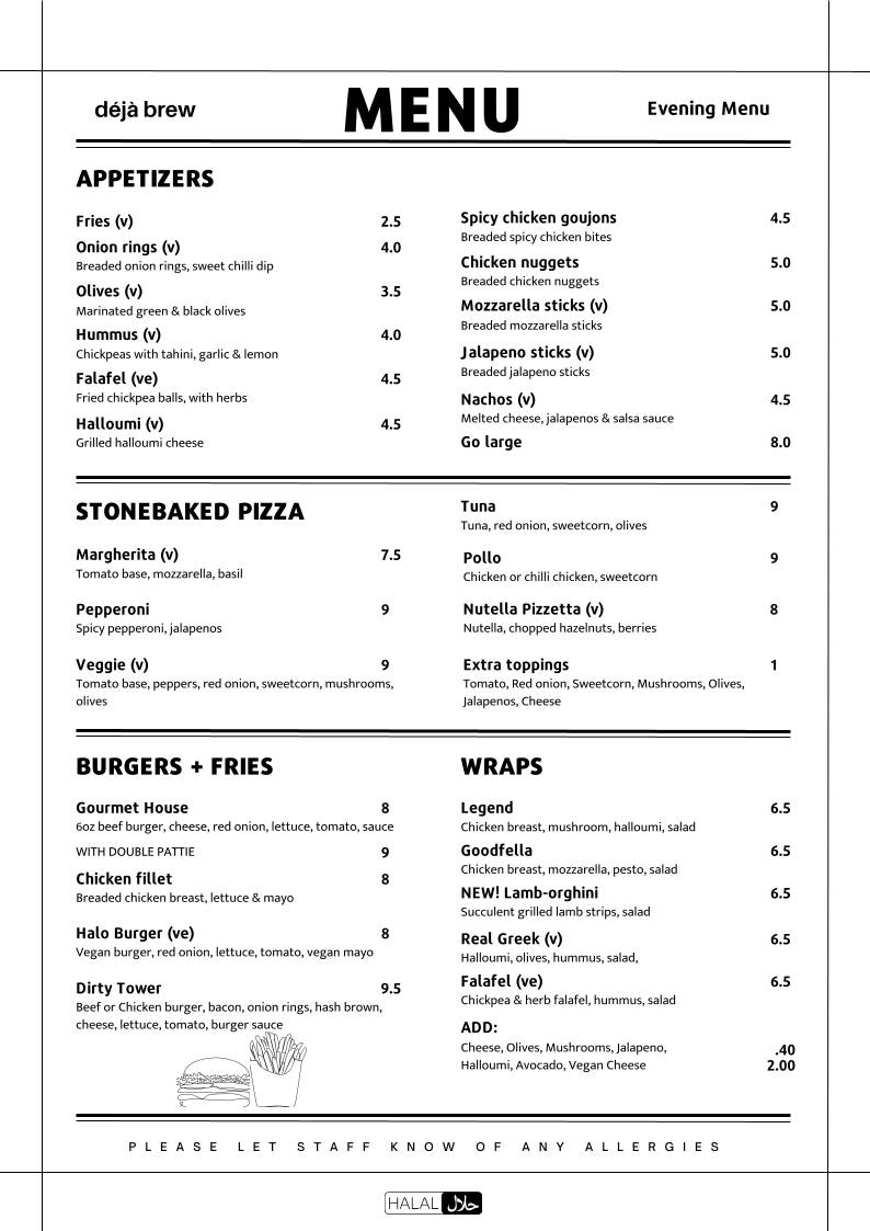 Menu at Deja Brew Cafe - Blackhorse Road, London