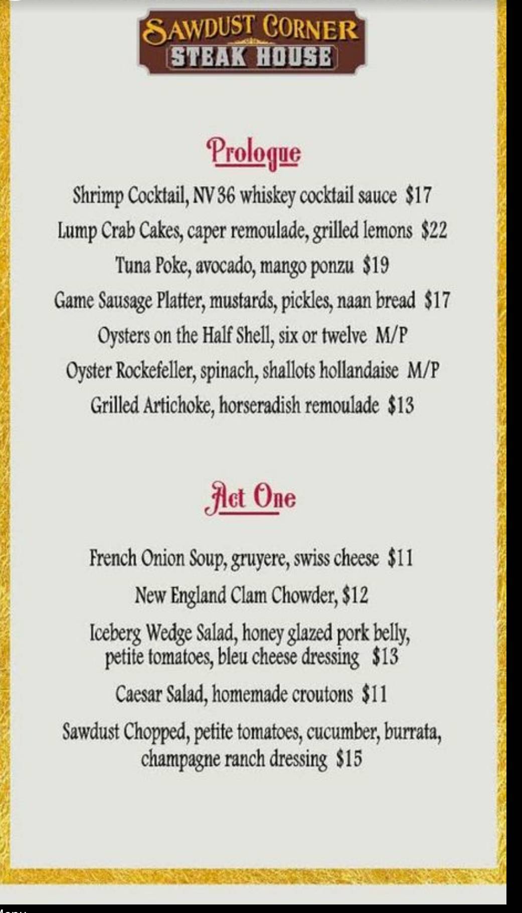 Menu at Delta Saloon sawdust corner restaurant, Virginia City