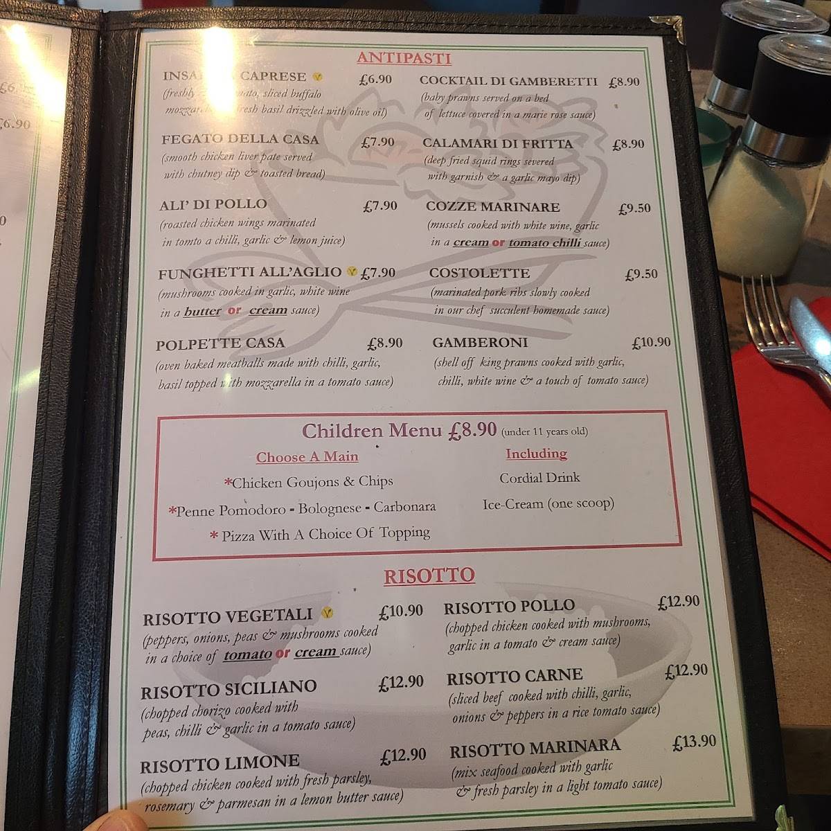 Menu at San Remo restaurant, Manchester