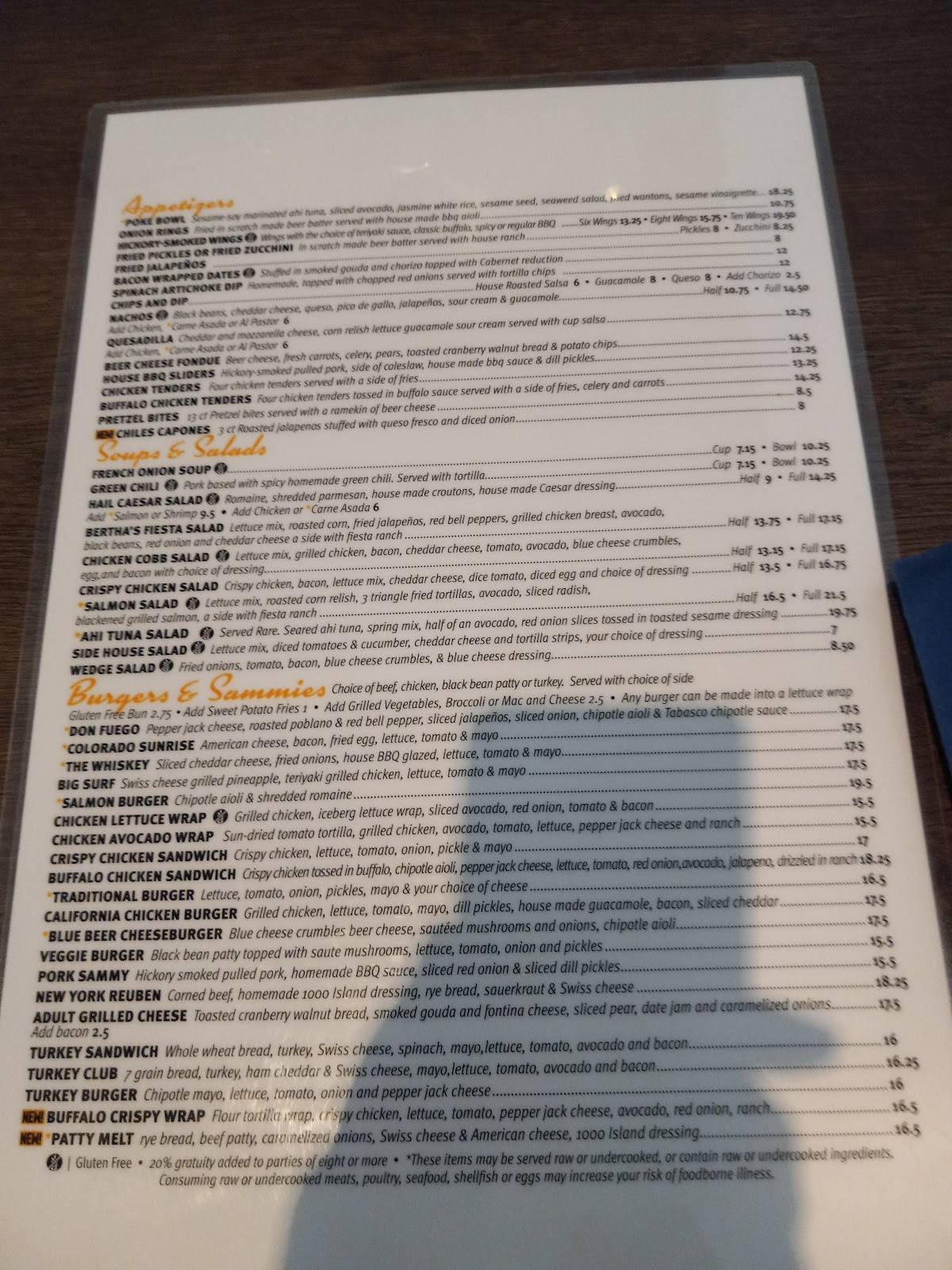 Menu at Bertha's Baja Bistro restaurant, Denver