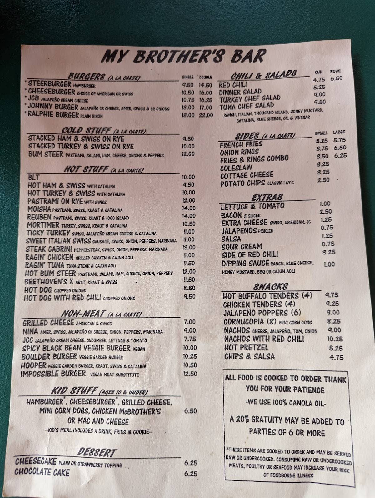Menu at My Brother's Bar, Denver