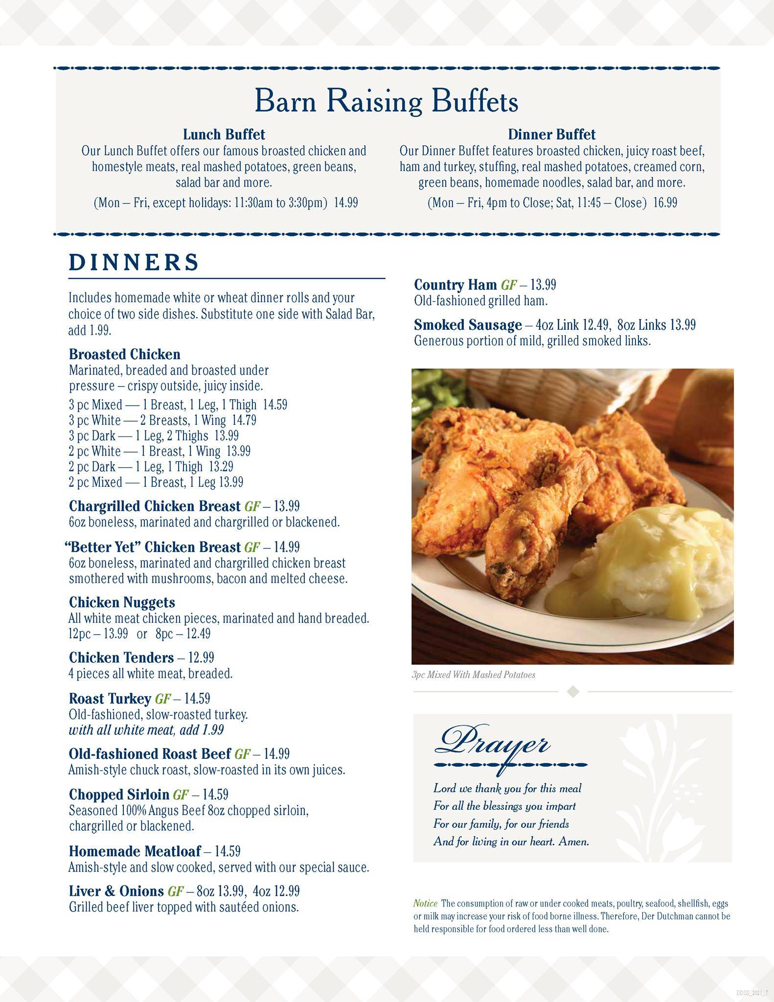 Menu at Der Dutchman restaurant, Sarasota, Bahia Vista St