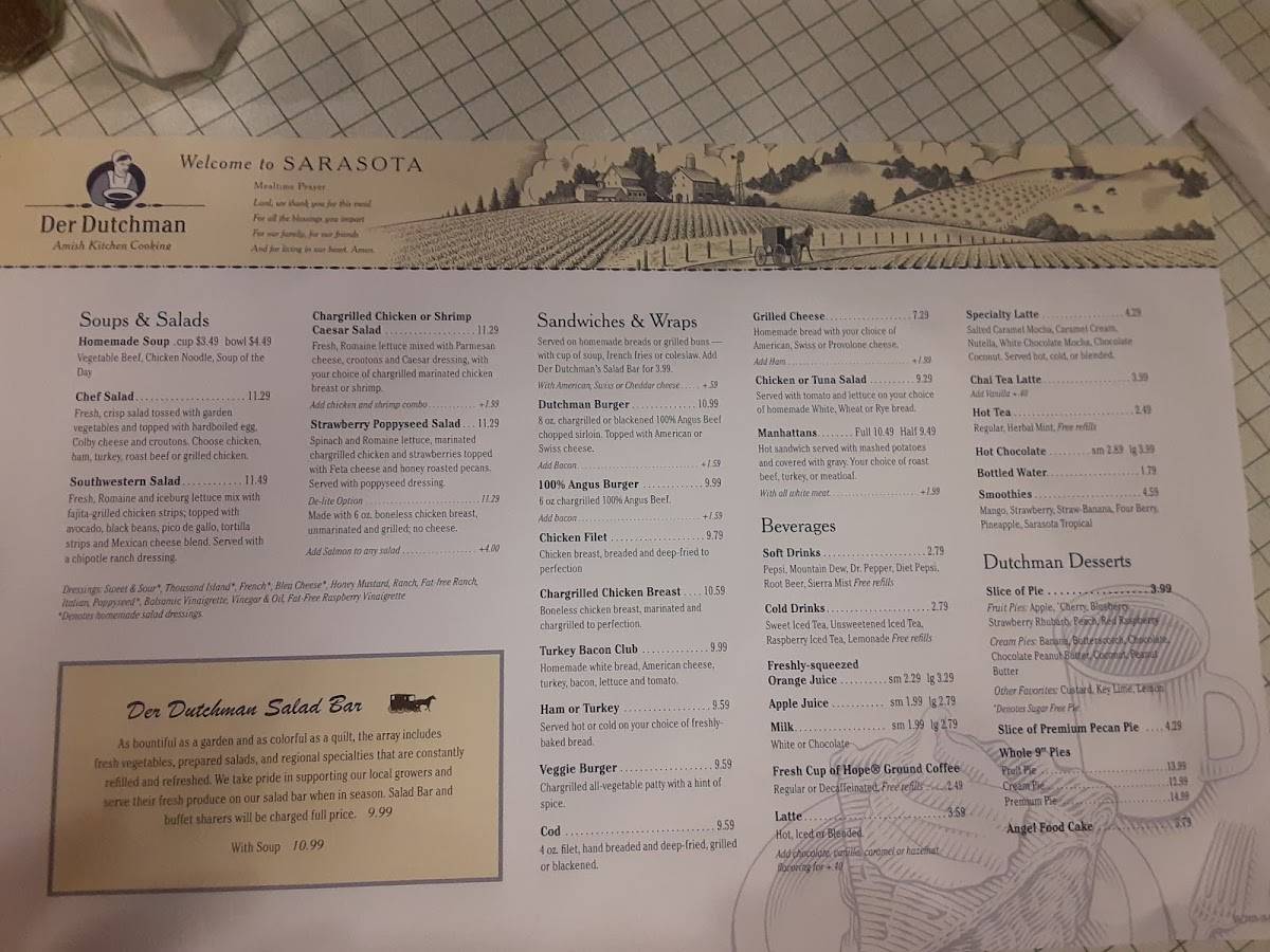 Menu at Der Dutchman restaurant, Sarasota, Bahia Vista St