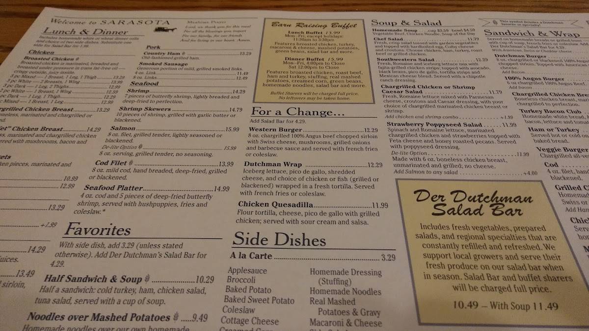 Menu at Der Dutchman restaurant, Sarasota, Bahia Vista St