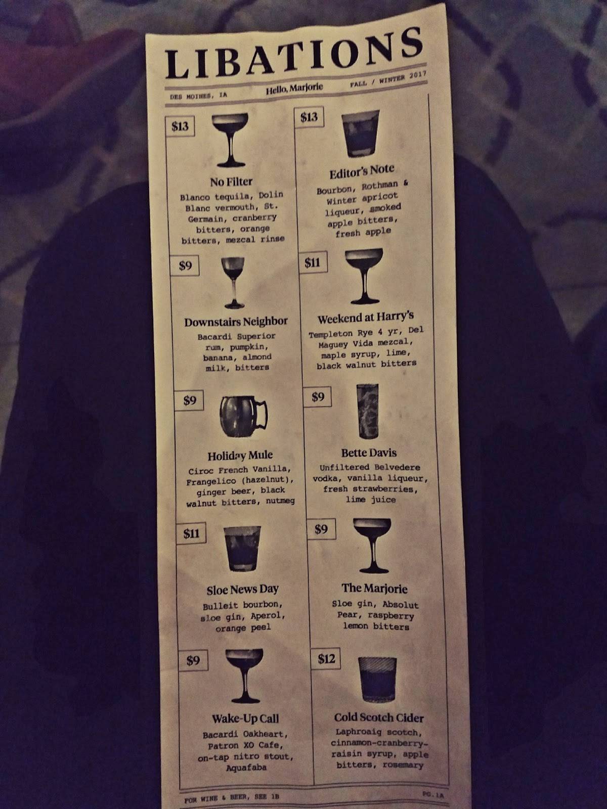 Menu at Hello, Marjorie pub & bar, Des Moines