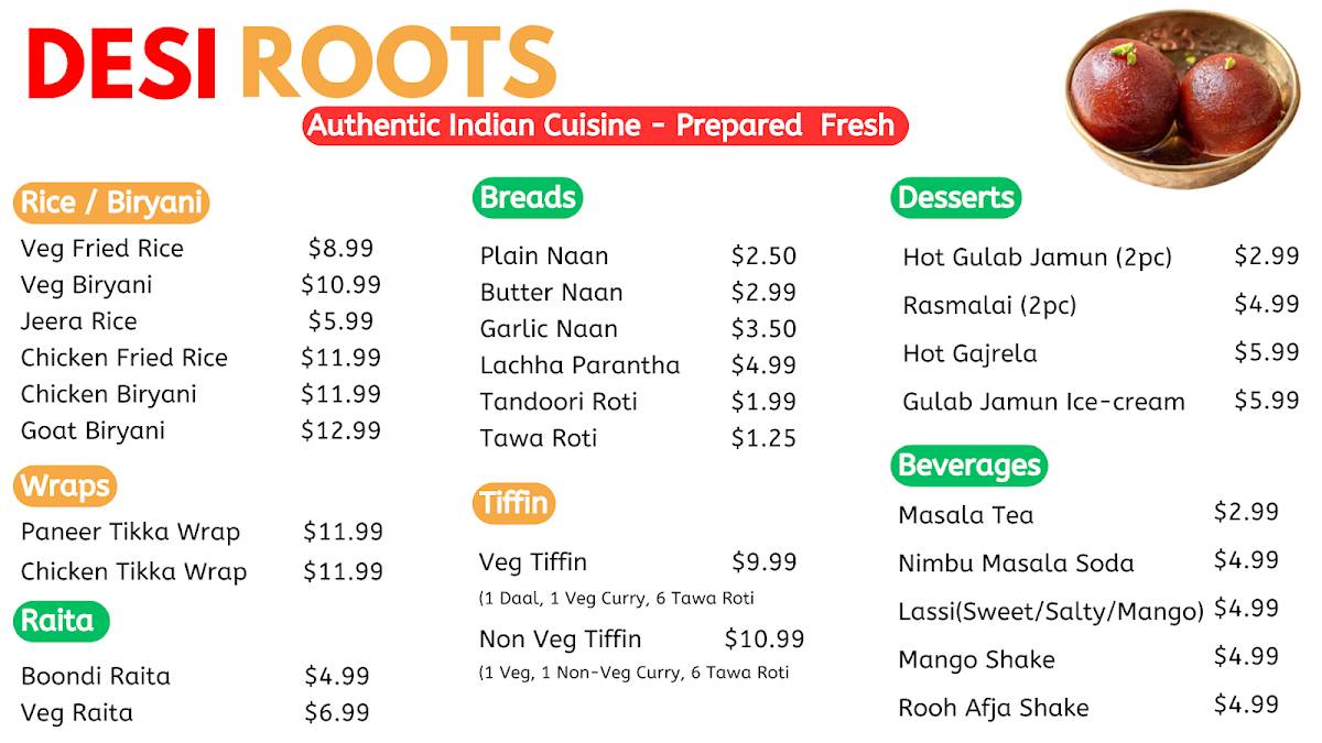 Menu at Desi Roots restaurant, Newmarket
