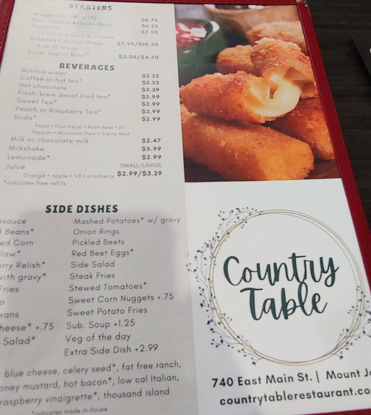 Menu at Country Table Restaurant, Mount Joy