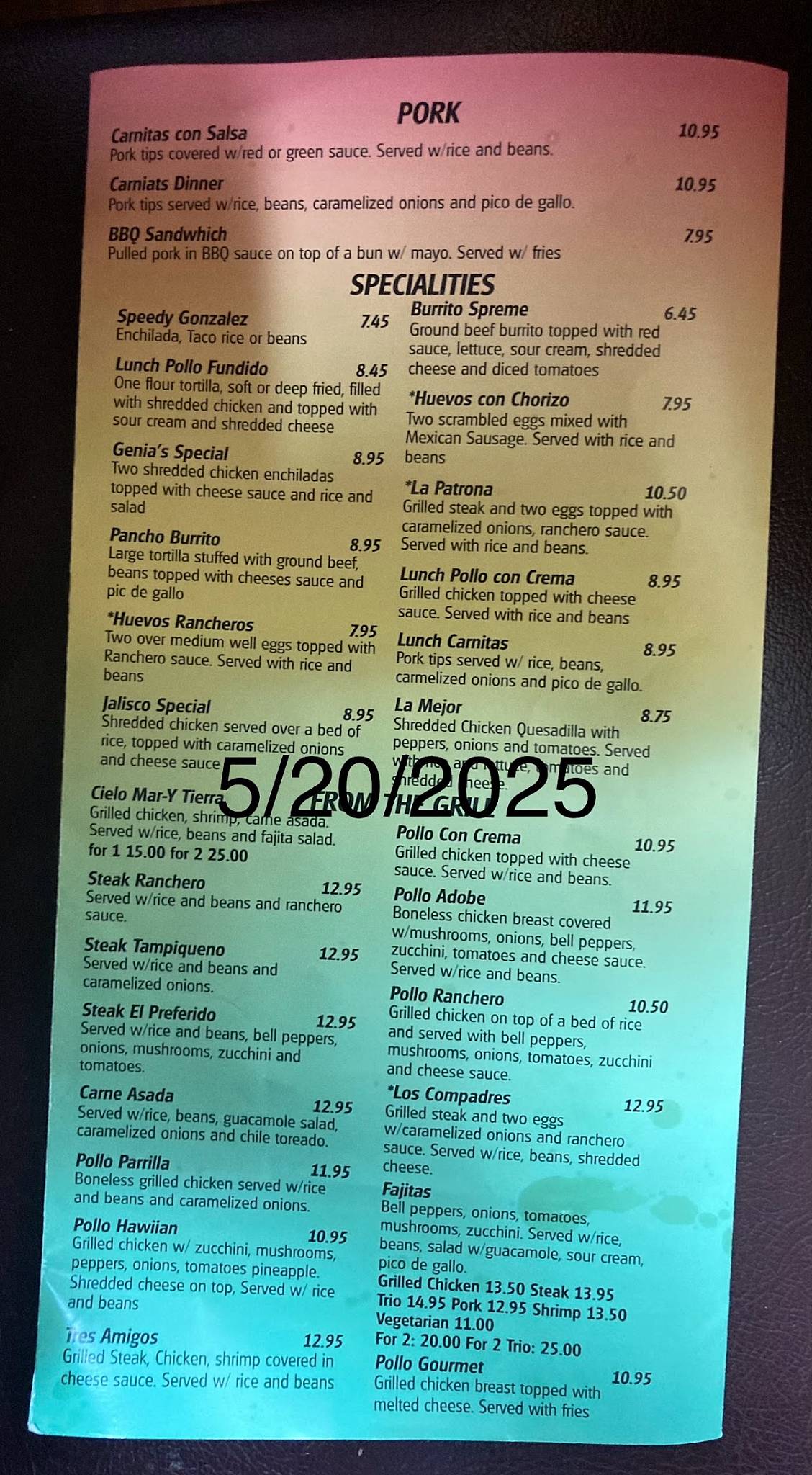 Menu at El Preferido Mexican Restaurant, Clover