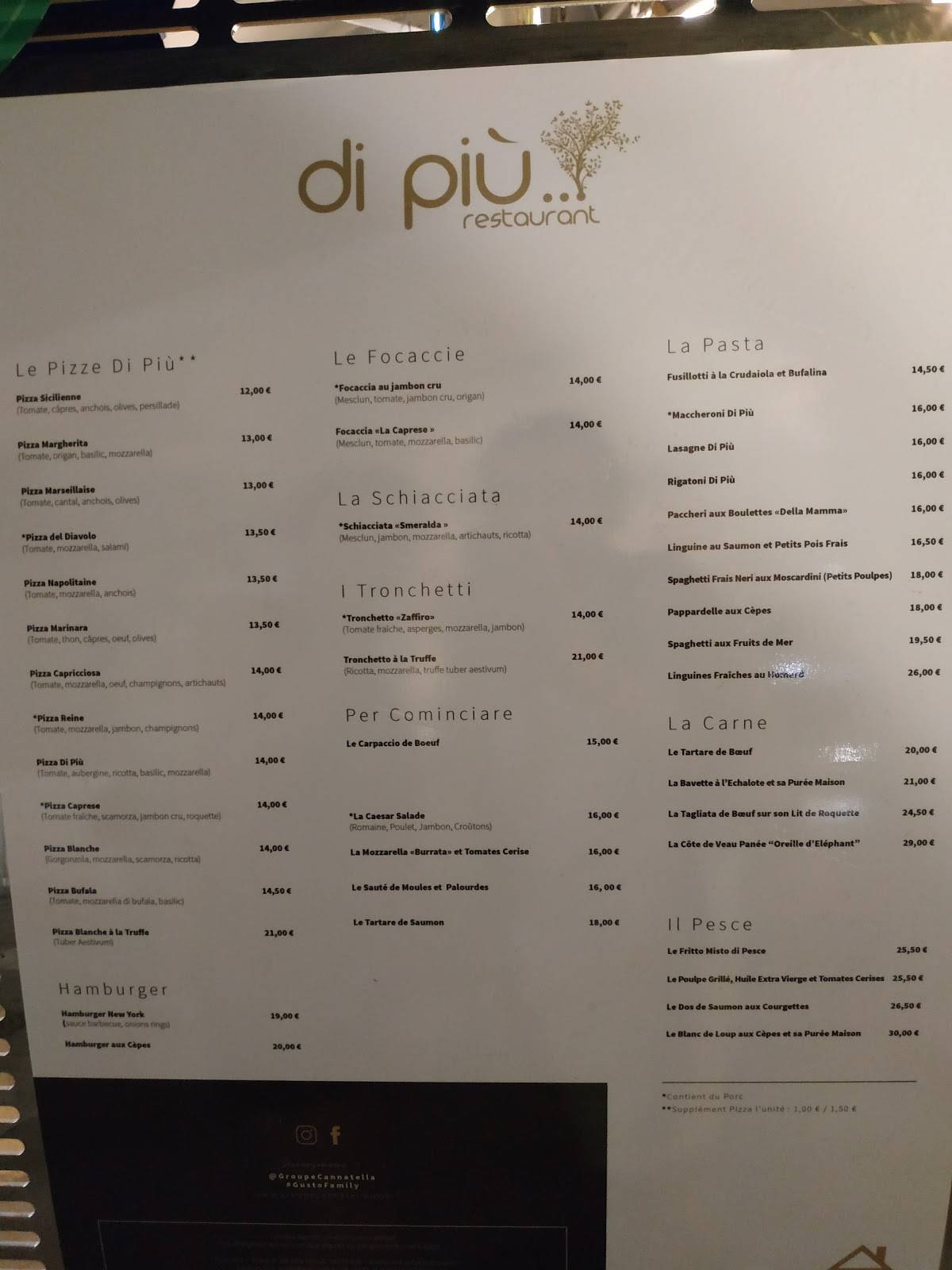 Menu au Di Più restaurant, Nice, 85 Quai des Etats-Unis