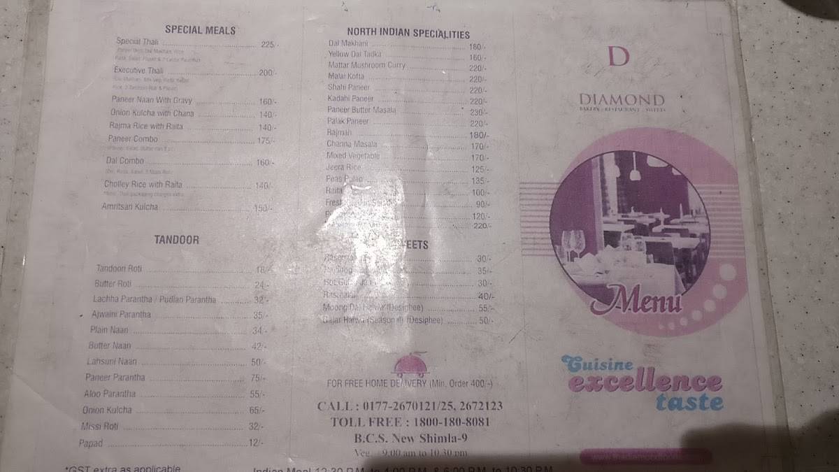 Menu at Diamond Best Bakery Sweets, Restaurant & Groceries, Shimla