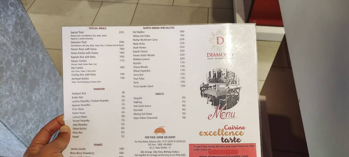 Menu at Diamond Best Bakery Sweets, Restaurant & Groceries, Shimla