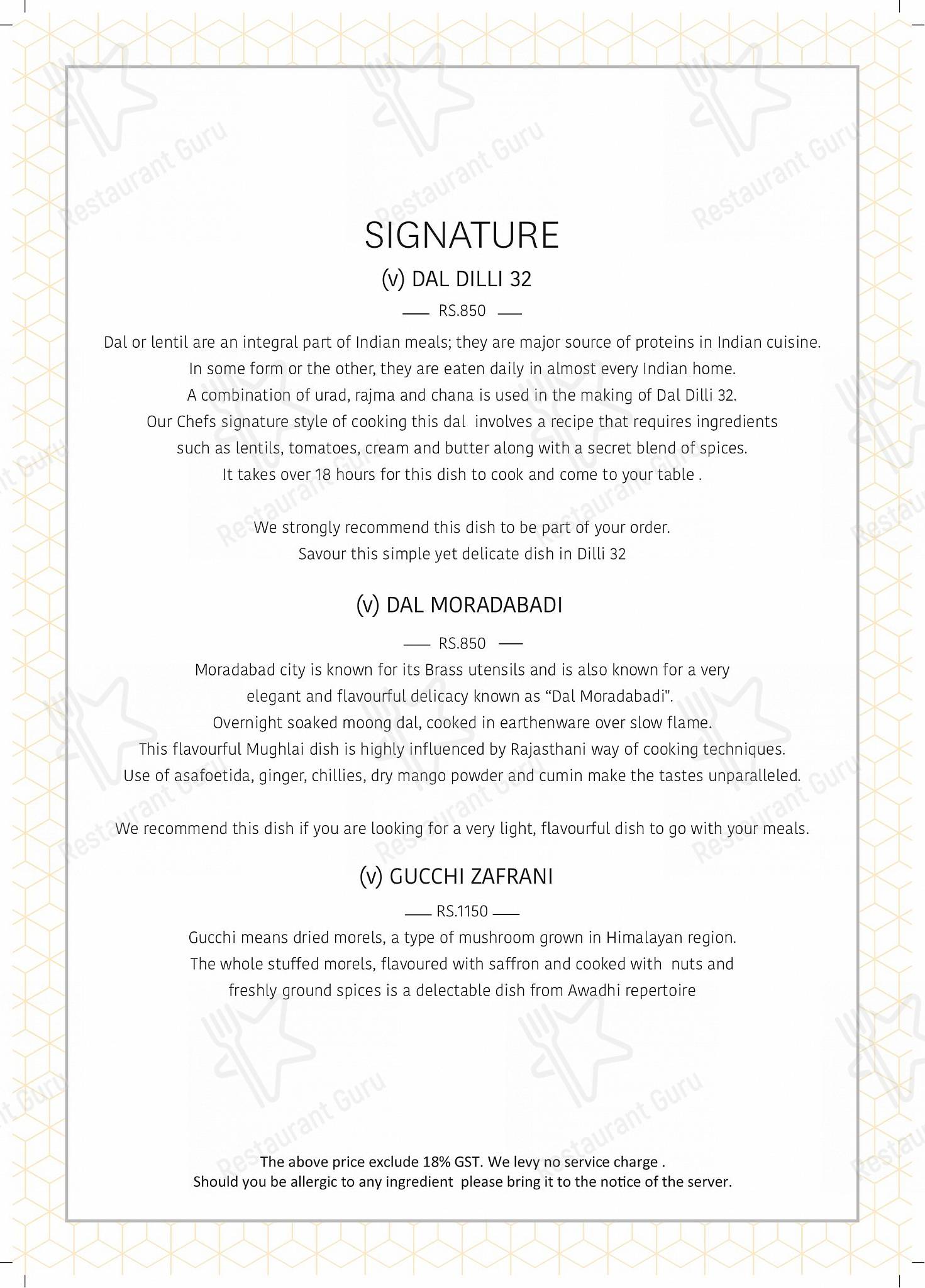 Menu at Dilli 32, New Delhi