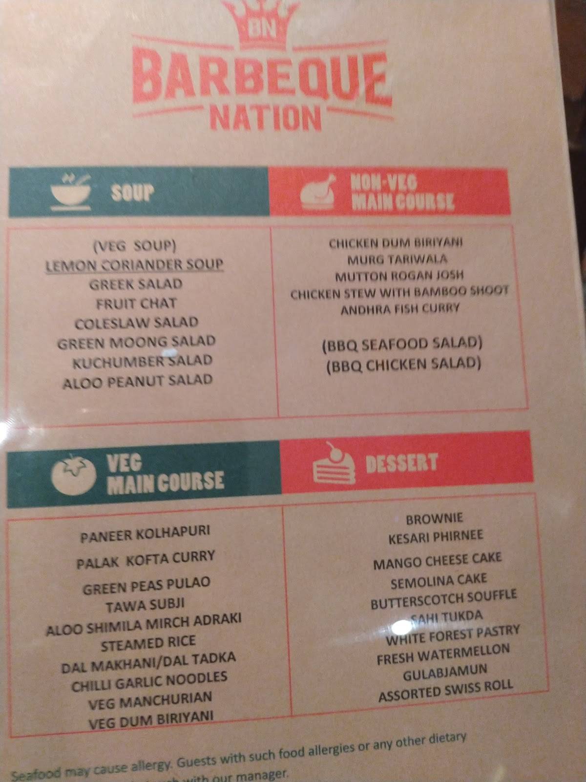 Menu at Barbeque Nation, Dimapur