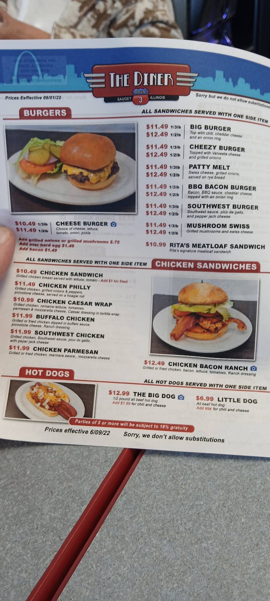 Menu at Diner Inc restaurant, Sauget
