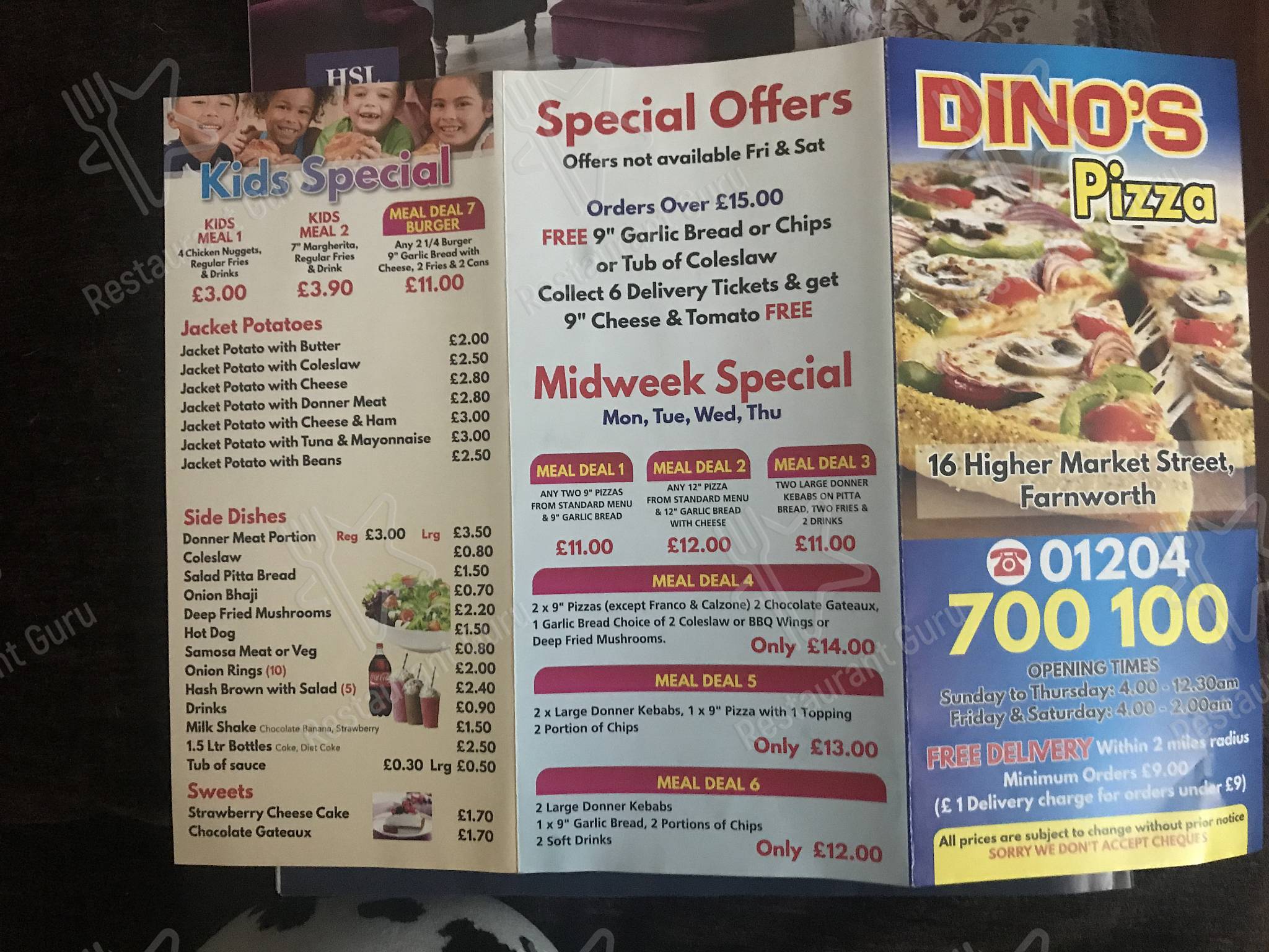 Menu at Dino's Take Away restaurant, Bolton