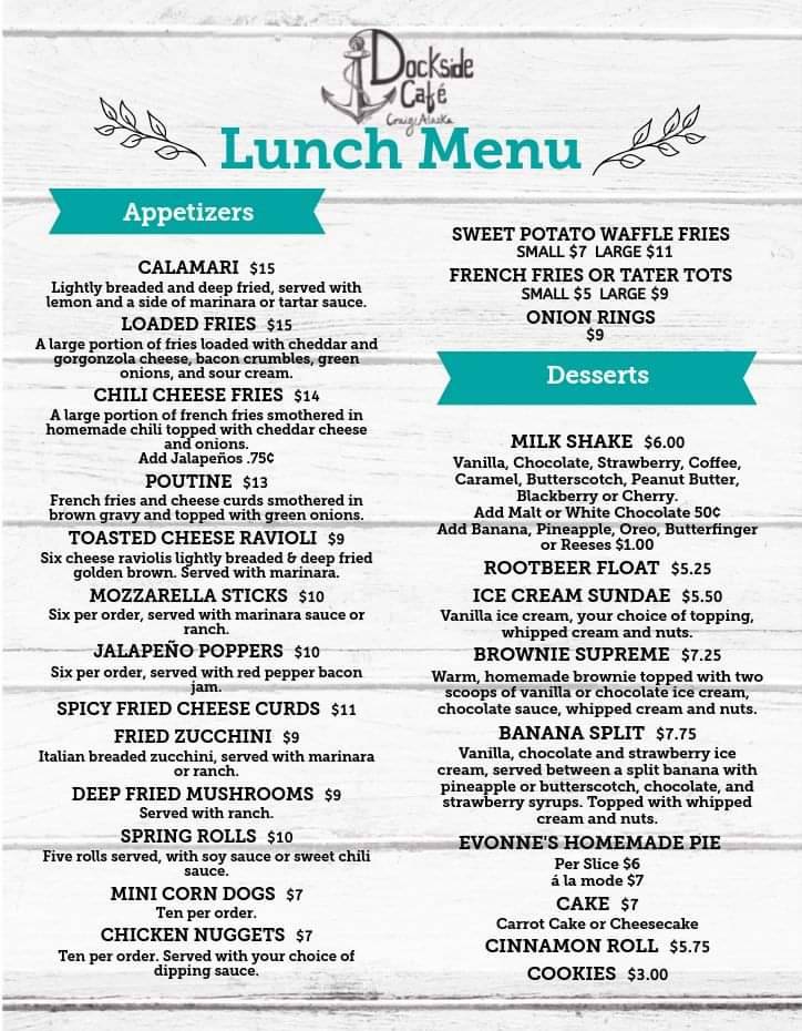 Menu at Dockside Cafe, Craig