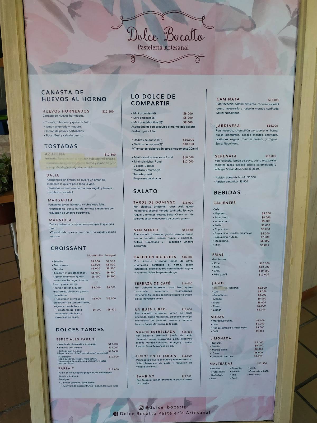 Carta del restaurante Dolce Bocatto Ingenio, Cali