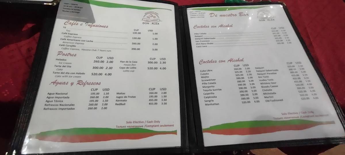 Menu at Don Alex restaurant, Varadero, Calle 31 N° 106 e/1ra y 3ra Ave