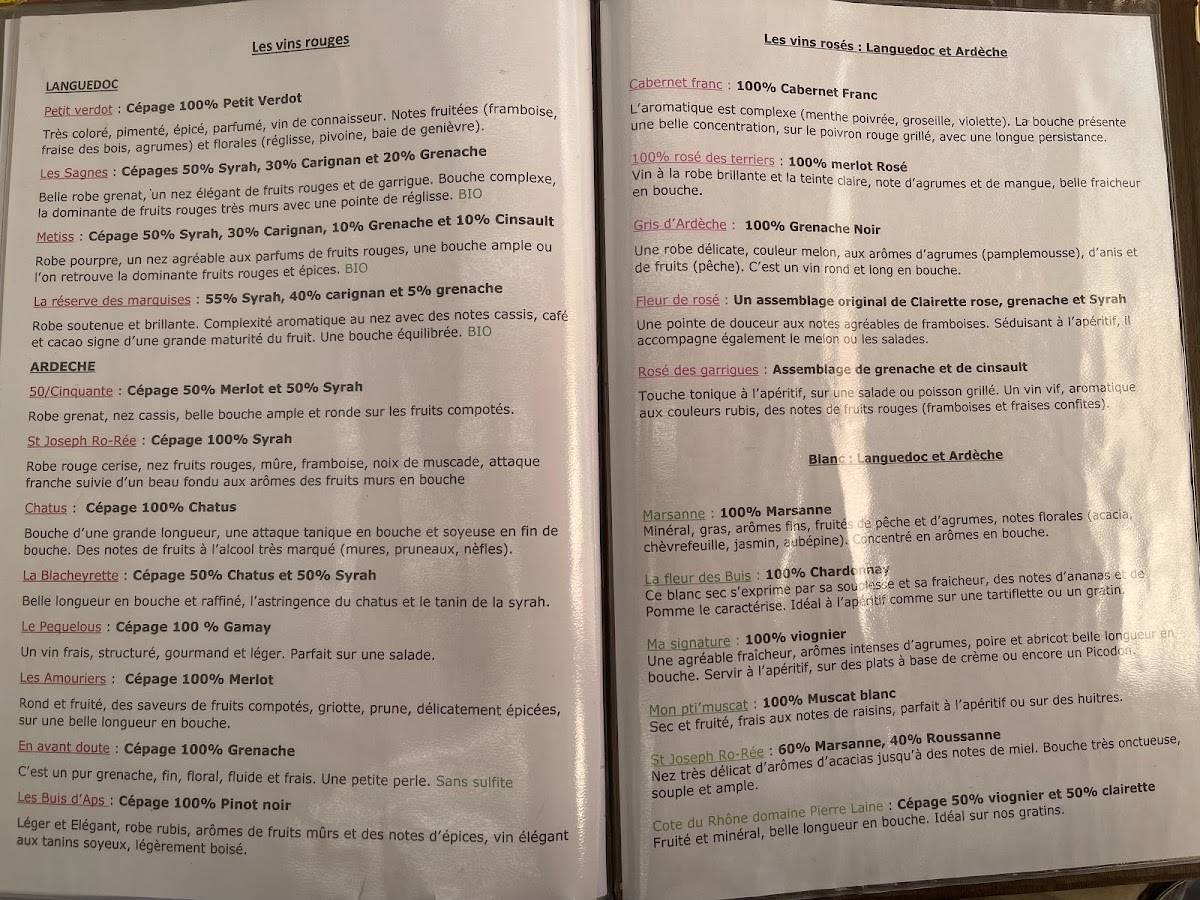 Menu au Don Camillo restaurant, Les Vans