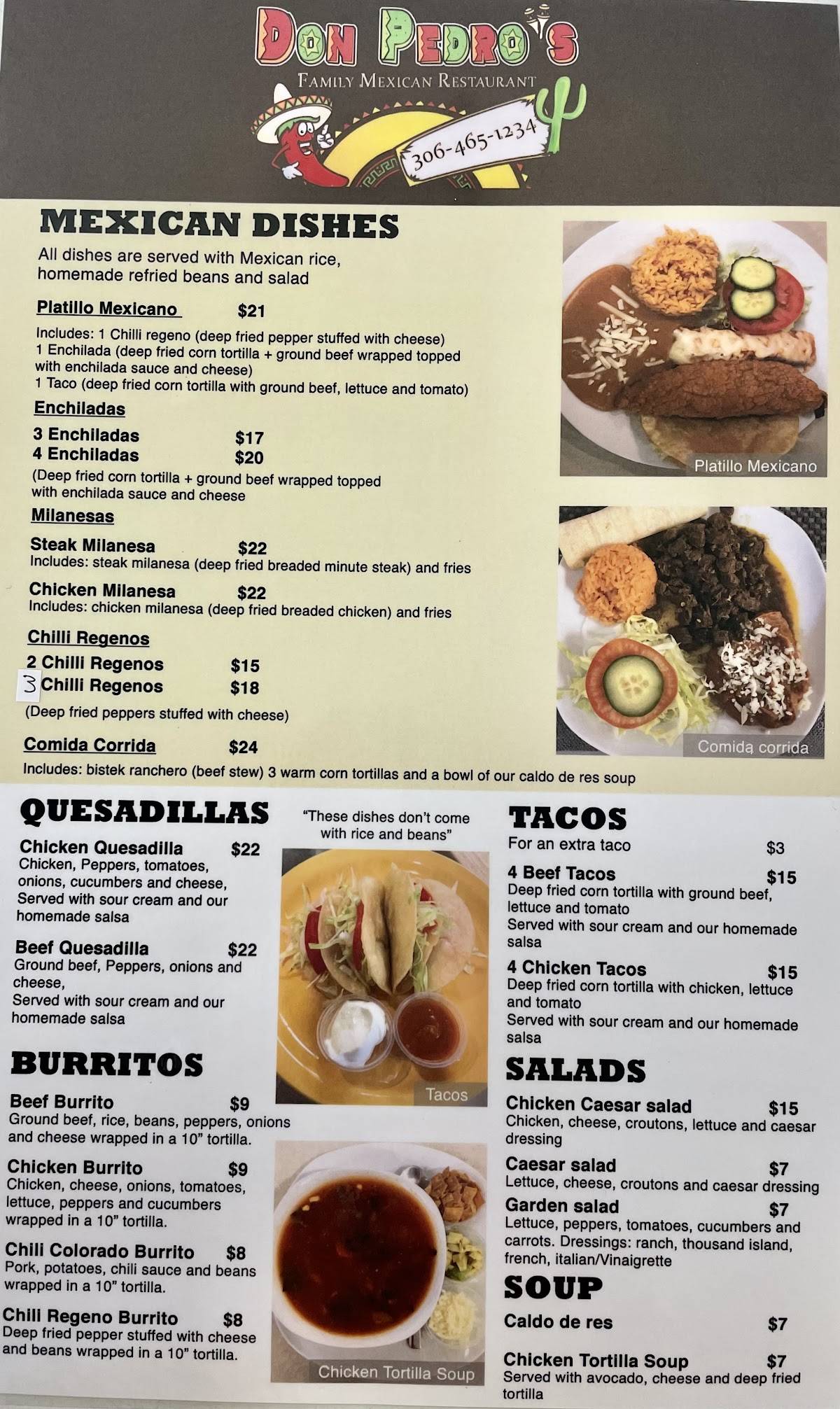 Menu at Don Pedro's Mexican Family Restaurant, Yellow Grass