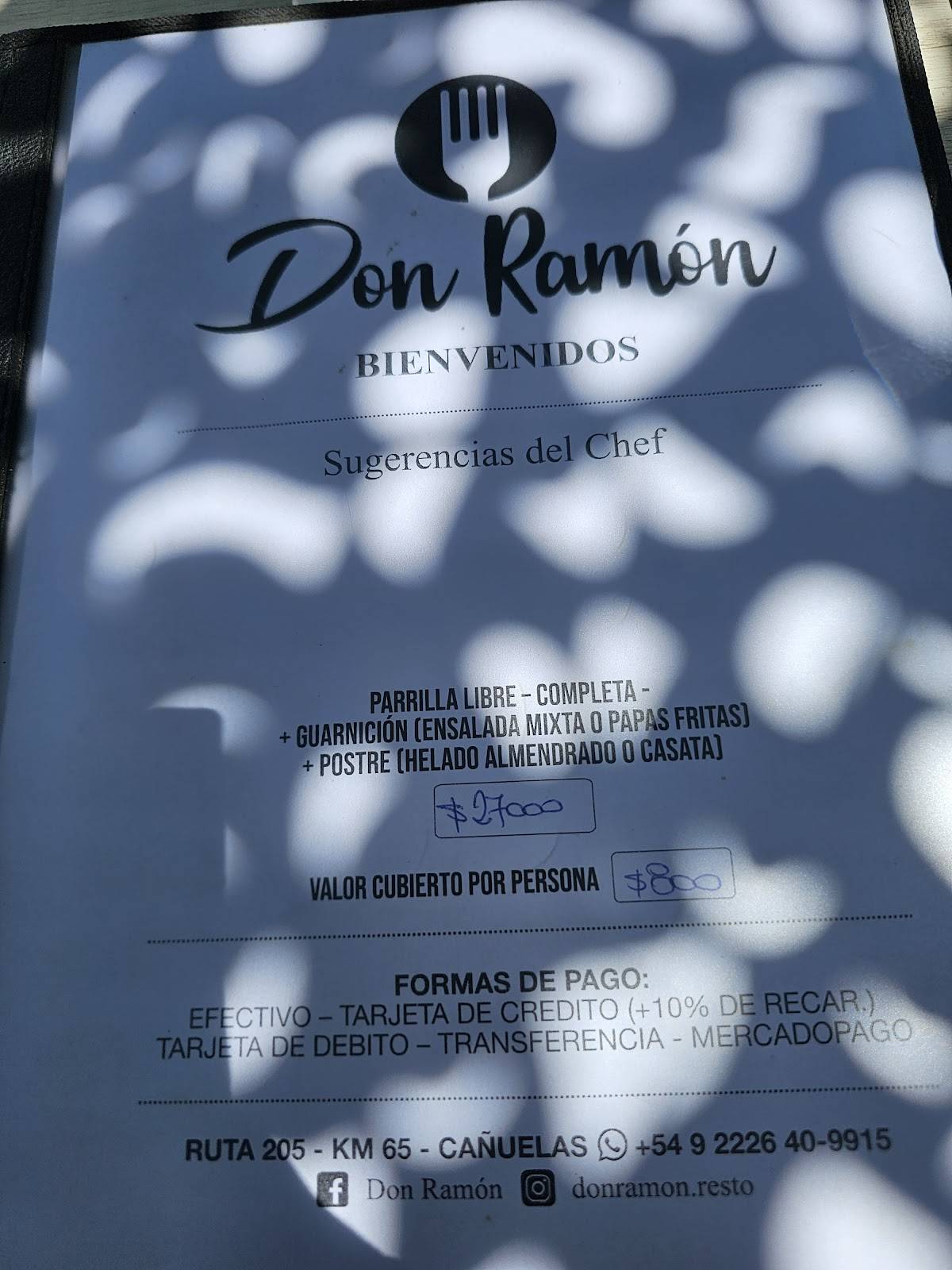 Carta del restaurante Don Ramón Resto, Cañuelas