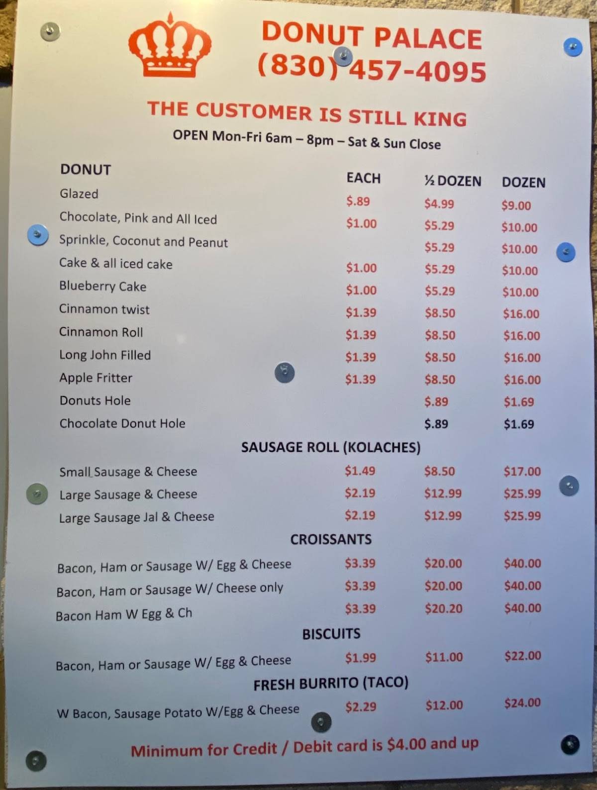 Carta del restaurante Donut Palace, Dilley
