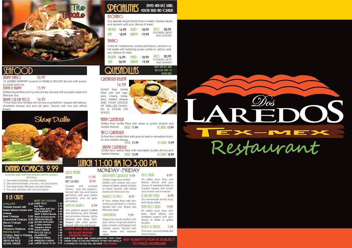 Menu at Dos Laredos Tex-Mex restaurant, Commerce