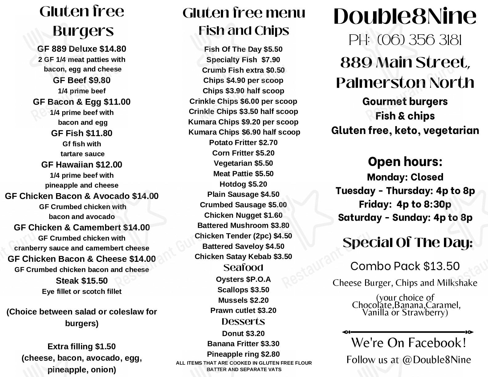 Menu at Double 8 Nine restaurant, Palmerston North
