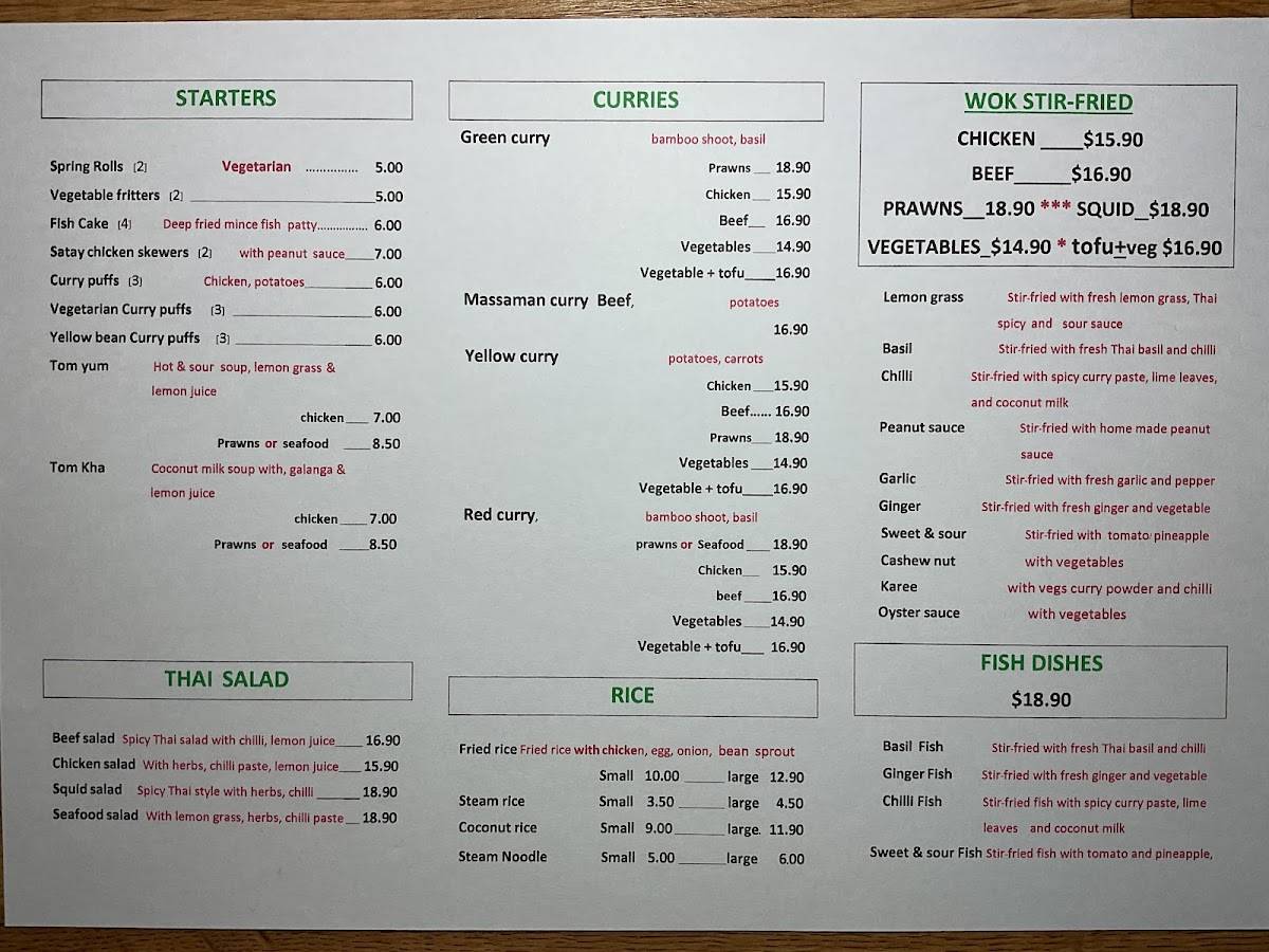 Menu at Smile Thai restaurant, Seaview Downs