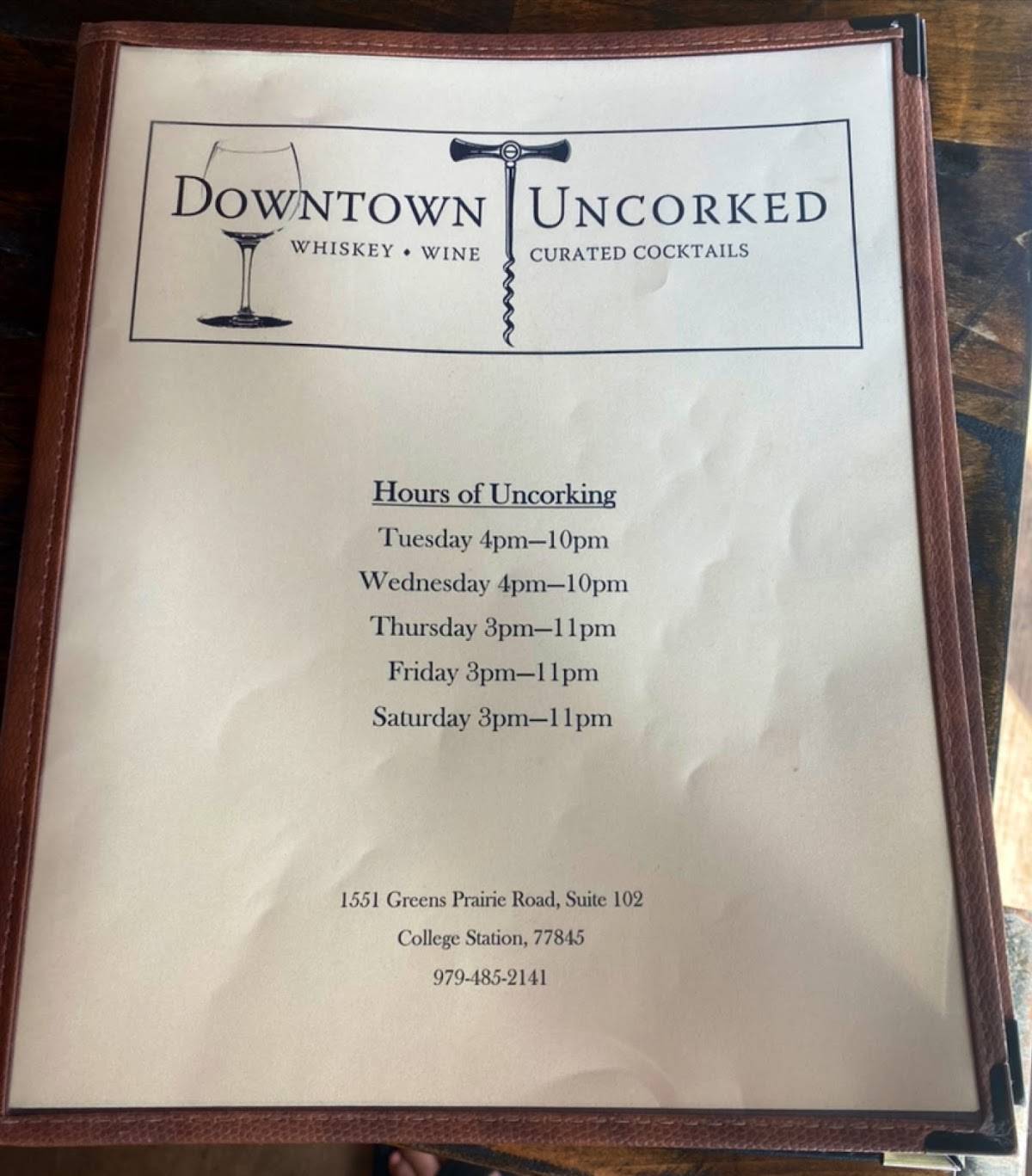 Menu at Downtown Uncorked Winebar, College Station
