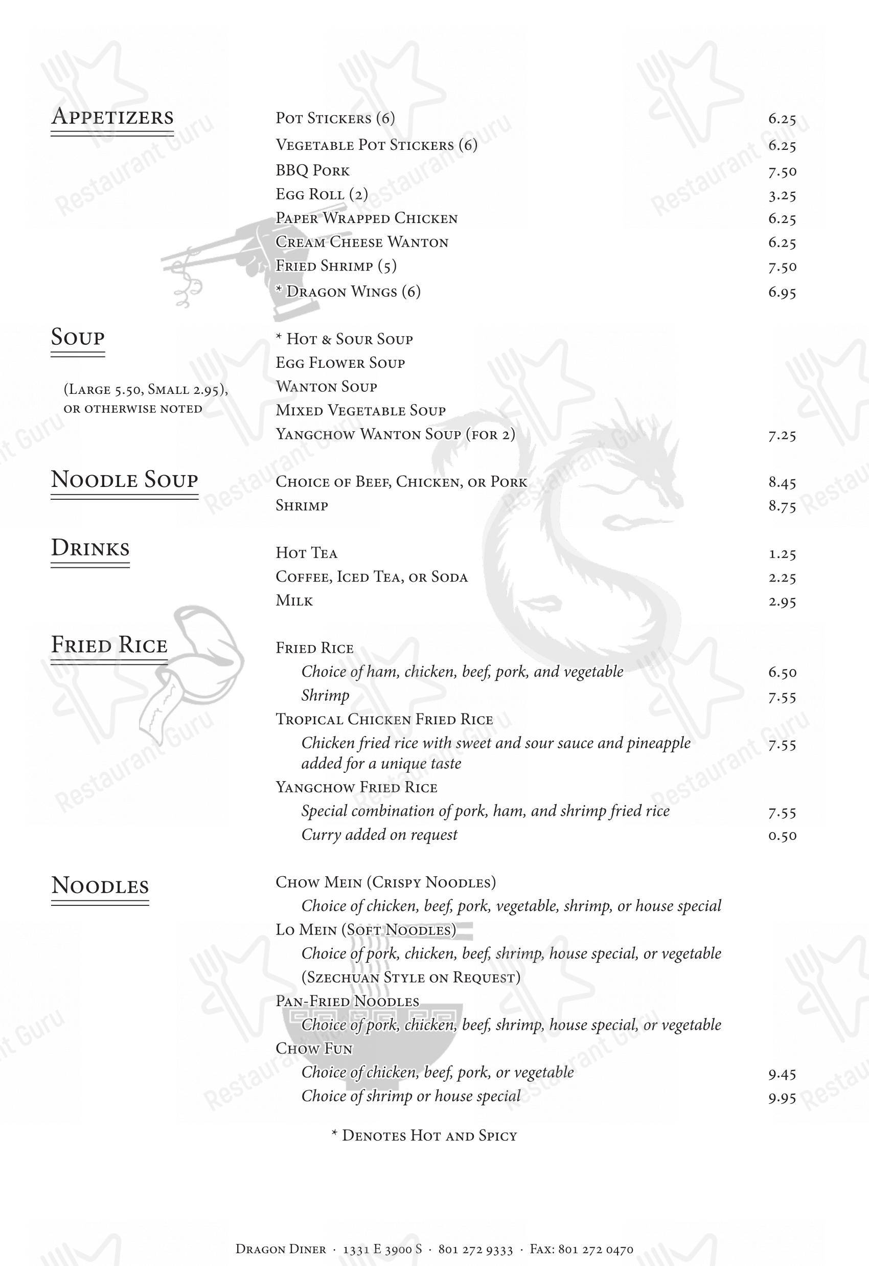 Menu at Dragon Diner restaurant, Millcreek