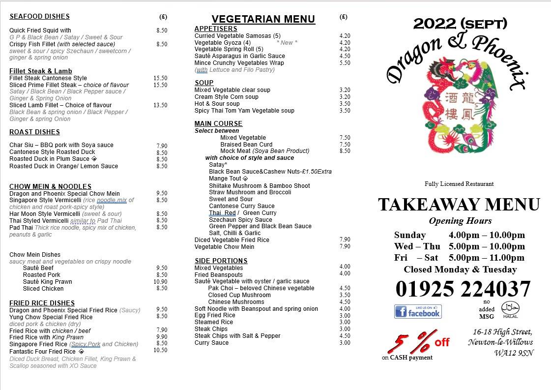 Menu at Dragon & Phoenix Restaurant, Newton-le-Willows