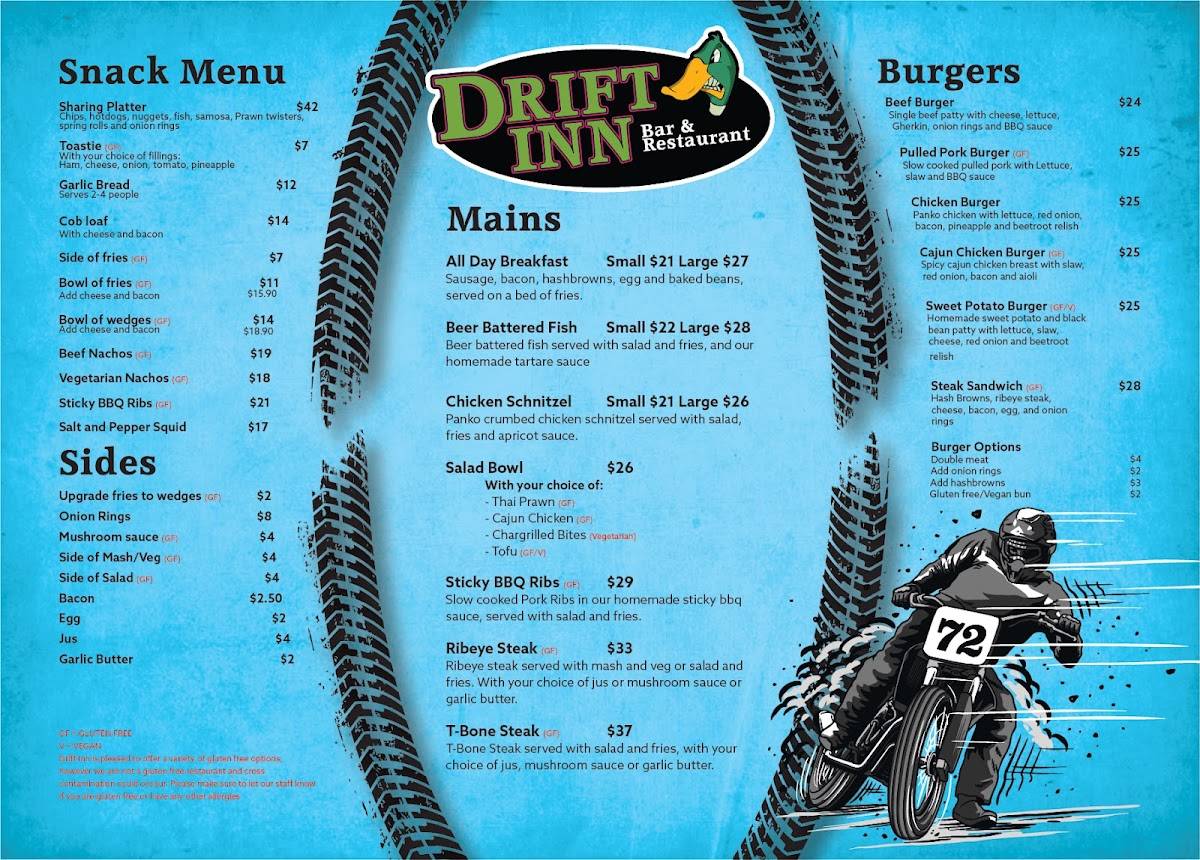 Menu at Drift Inn restaurant, Rangitata