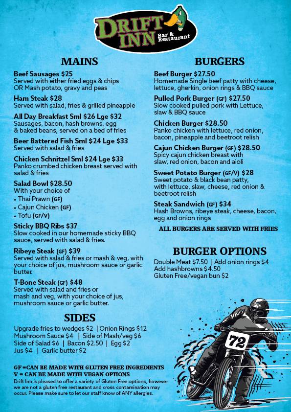 Menu at Drift Inn restaurant, Rangitata