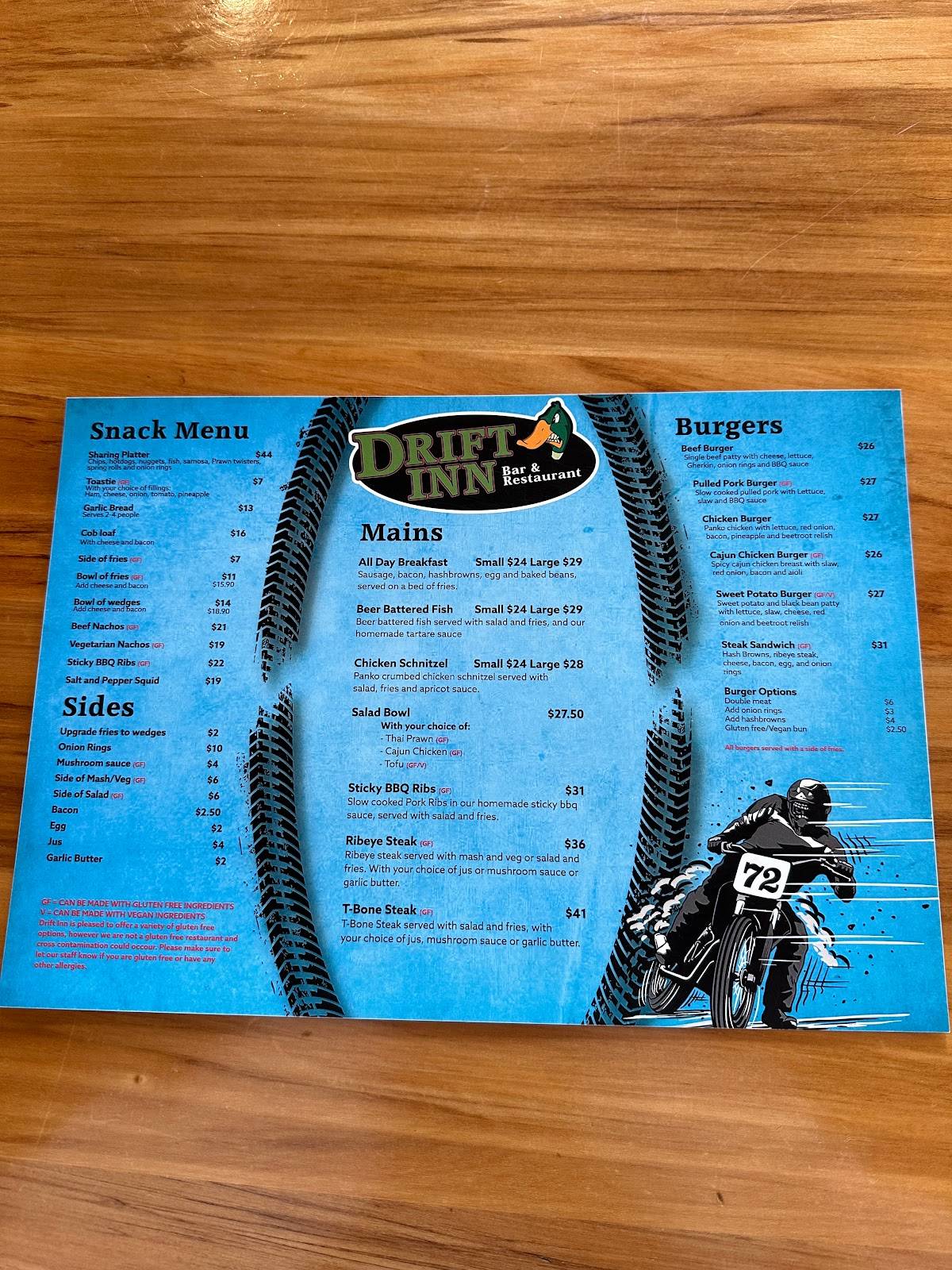 Menu at Drift Inn restaurant, Rangitata