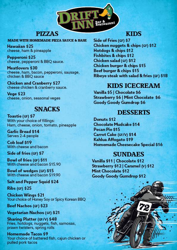 Menu at Drift Inn restaurant, Rangitata