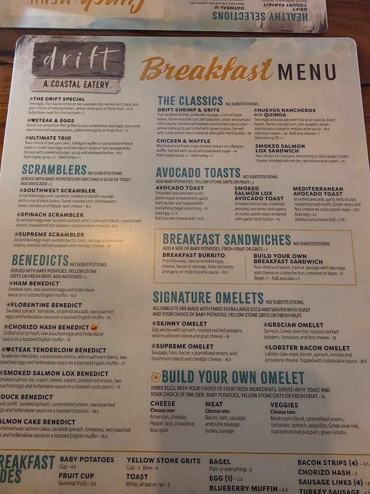 Menu at Drift restaurant, Myrtle Beach