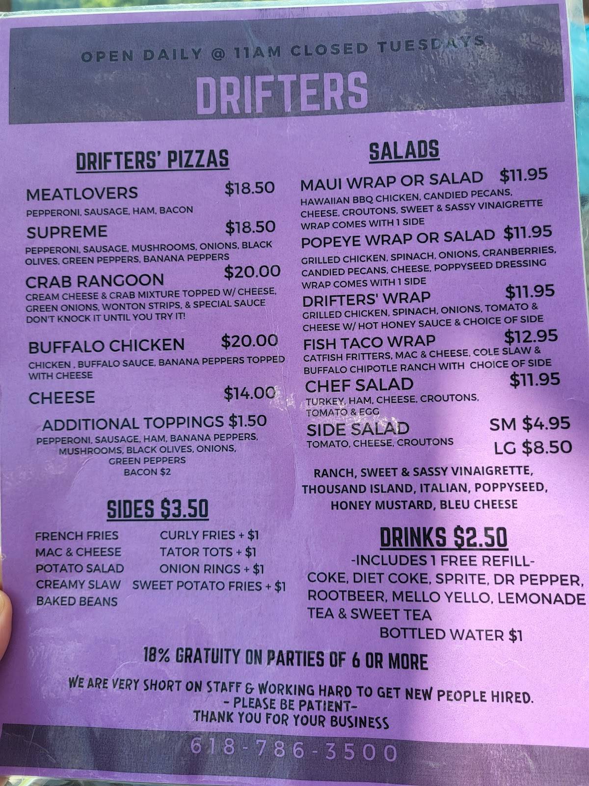 Menu at Drifters Bar and Grill, Grafton