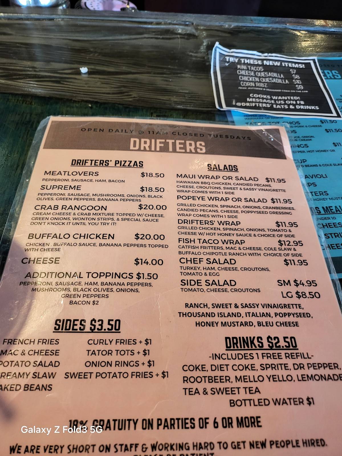 Menu at Drifters Bar and Grill, Grafton