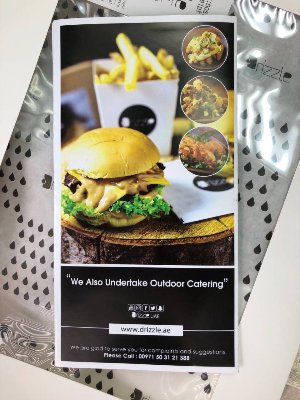 Carta del restaurante Drizzle, Abu Dabi, F83Q+M84